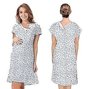 AMZ Medical Supply Hospital Gowns for Women, Pack of 3 Large White Patient Gowns with Bird Print, Short Sleeves, Front and Back Snaps, Soft Cotton Patient Gown, Convenient Labor and Delivery Gowns