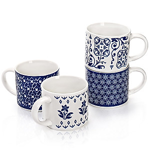 Eorbow 4 Pack Ceramic Coffee Mug Set with Rack, 16 OZ Stackable Cappuccino Cups with Metal Stand, Blue and White Porcelain Tea Mugs for Latte, Americano, Milk, Hot Cocoa, Beverages, Microwave Safe