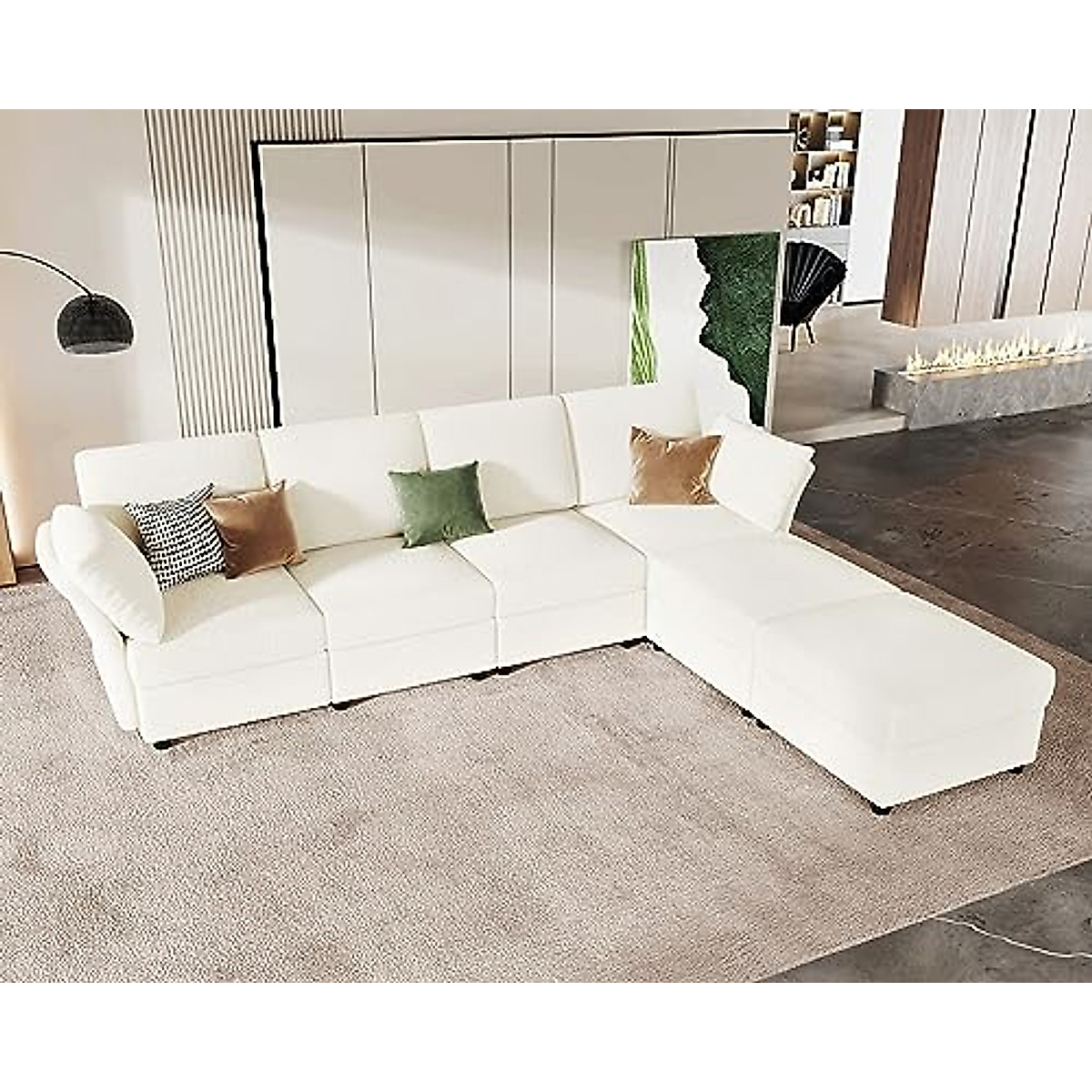 VanAcc Sectional Couch 6 Seats, Modular Sectional Sofa U Shaped sectional with Ottomans, Reversible Sofa Couch for Living Room, Offwhite Bouclé