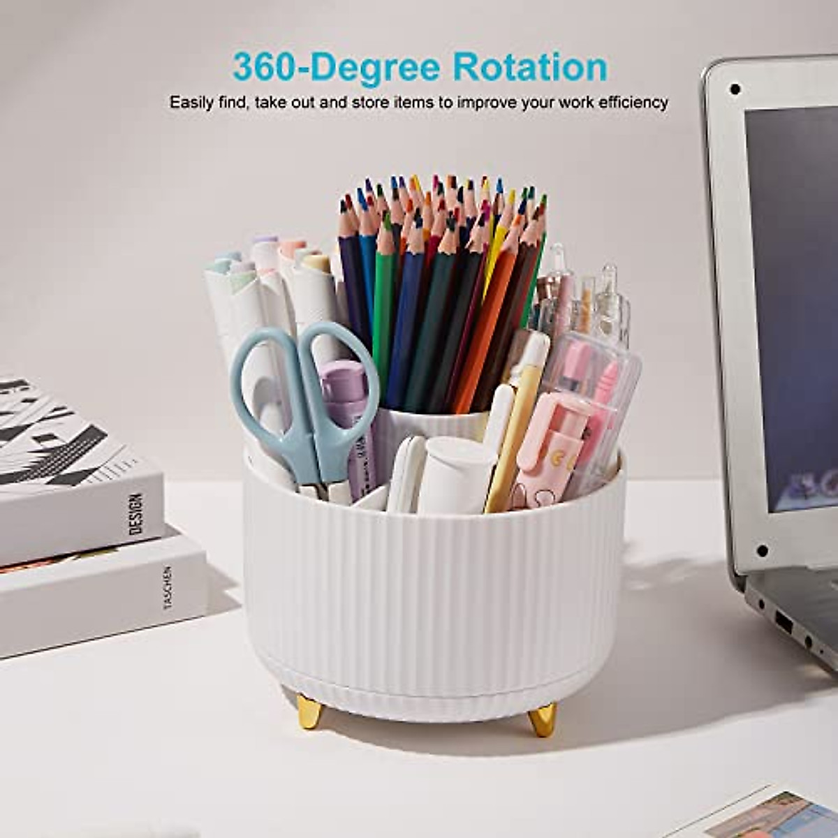 Lolocor Desk Pencil Pen Holder, 5 Slots 360 Degree Rotating Desk Organizers Pencil Pen Organizers for Desk Desktop Storage Stationery Supplies Pencil Cup Pot for Office School Home Art Supply White