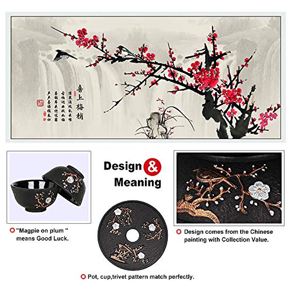 Cast Iron Teapot with Tea Cups Trivet Japanese Style Tetsubin Tea Kettle with Infuser Iron Tea Set Gift for Adult Father Mother Family (Black,Magpie on the Plum Design)