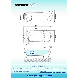 WOODBRIDGE 67"Freestanding White Acylic Soaking Bathtub with White Pillow,Drain and Overflow in Brushed Gold,BTA1508 -BG-Drain &O+ Pillow