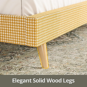 LIKIMIO Queen Bed Frame with Headboard, Fully Cotton Upholstered Foundation, Wooden Slats Support, Noise Free, No Box Spring Needed, Easy Assembly, Rustic Yellow and White Checkered