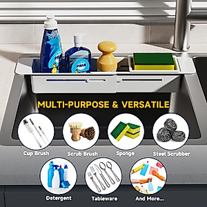 NiHome Extendable Over Sink Kitchen Organizer, Telescopic Sink Storage Rack for Sponge, Non-Slip Pads Expandable Sink Caddy, Adjustable Sponge/Brush Rack with Drainage Durable ABS Material (Grey)