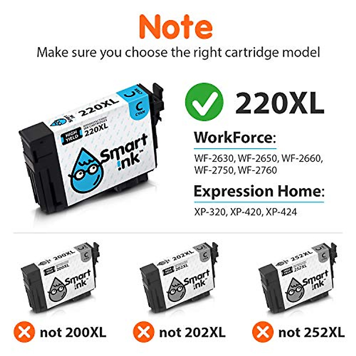Smart Ink Remanufactured Ink Cartridge Replacement for Epson 220 XL T220 220XL to use with Workforce WF-2630 WF-2650 WF-2750 Expression Home XP-320 XP-420 XP-424 Printers (2 Black, C/M/Y 5 Multipack)