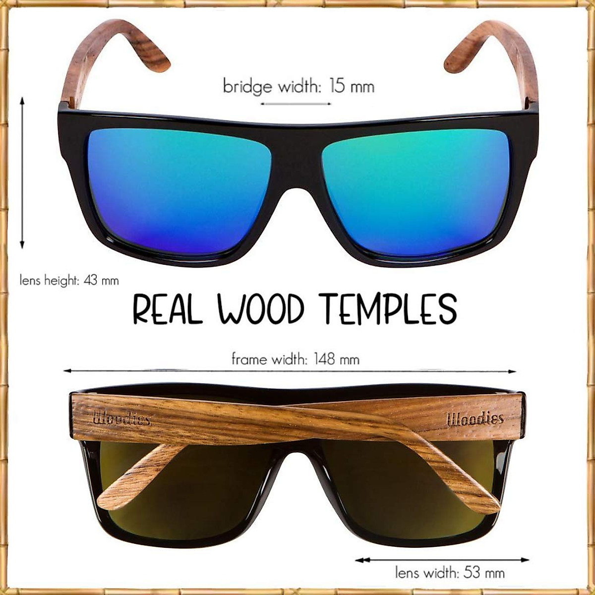 Woodies Oversized Flat Top Aviator Zebra Wood Wrap Sunglasses with Green Lens for Men and Women | 100% UVA/UVB Protection