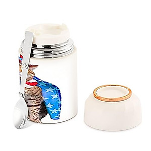 CUPADA Patriotic Cat Food Jar, 4th Of July Insulated Hot Food Jars Vacuum 17OZ with Folding Spoon for Work Trip Picnic Camping