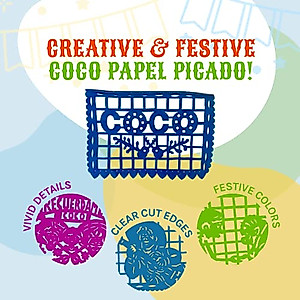 TexMex Fun Stuff 16 Ft Coco Movie Papel Picado Plastic (10 Extra Large Panels) Fiesta Party Decorations, Mexican Party Banners, Plastic Day of The Dead Banner, Cinco de Mayo Decorations Coco Theme