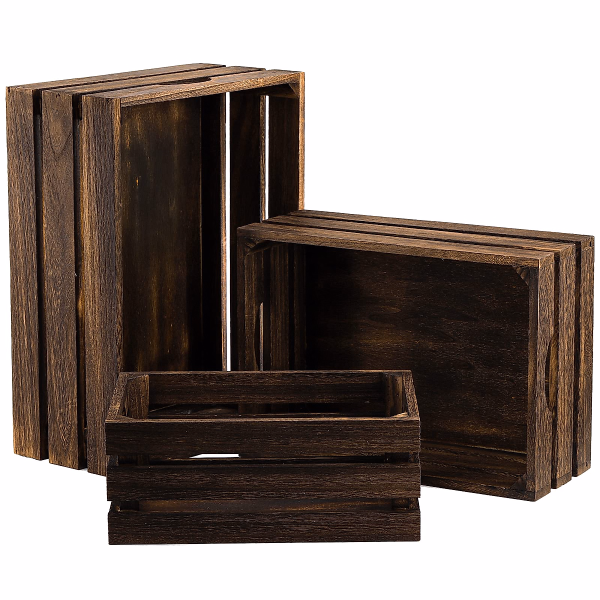 ZOOFOX Set of 3 Nesting Wooden Crates, Rustic Wood Basket with Handles, Decorative Farmhouse Wooden Storage Container Boxes for Party, Office, Bedroom, Kitchen and Closet