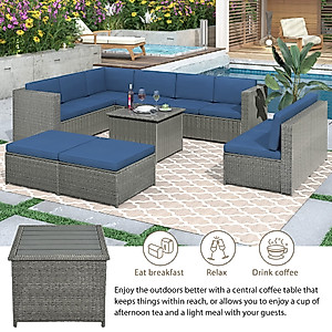 Goohome 9 Pcs Patio Furniture Sets, Outdoor Couch All Weather PE Wicker Ratten Sectional Sofa w/Coffee Table, Comforty Ottoman, for Garden Lawn Backyard, G-Blue Cushions