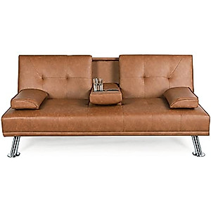 Topeakmart Adjustable Faux Leather Sofa Futon Modern Sofa Bed Convertible Sofa Couch Sleeper with Armrest Recliner Couch Home Furniture Brown
