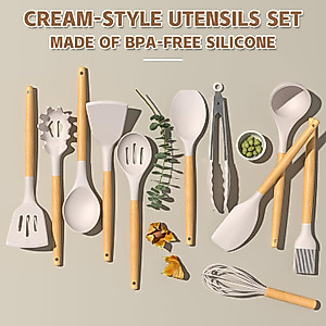 Umite Chef Kitchen Cooking Utensils Set, 33 pcs Non-Stick Silicone Cooking Kitchen Utensils Spatula Set with Holder, Wooden Handle Silicone Kitchen Gadgets Utensil Set (Khaki)