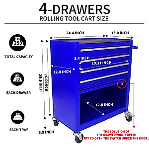 Tool Cart on Wheels 24.4in，4 Drawers Rolling Tool Box，Locked Drawers Storage Organizer Cabinet for Garage, Warehouse, Repair Shop, Workshop