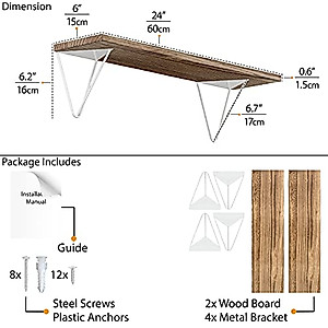 Wallniture Colmar Floating Shelves for Wall Decor, Bathroom Shelves, Kitchen Organization Wall Shelves for Bedroom, 24" Wall Shelf Set of 2 with Triangle White Brackets