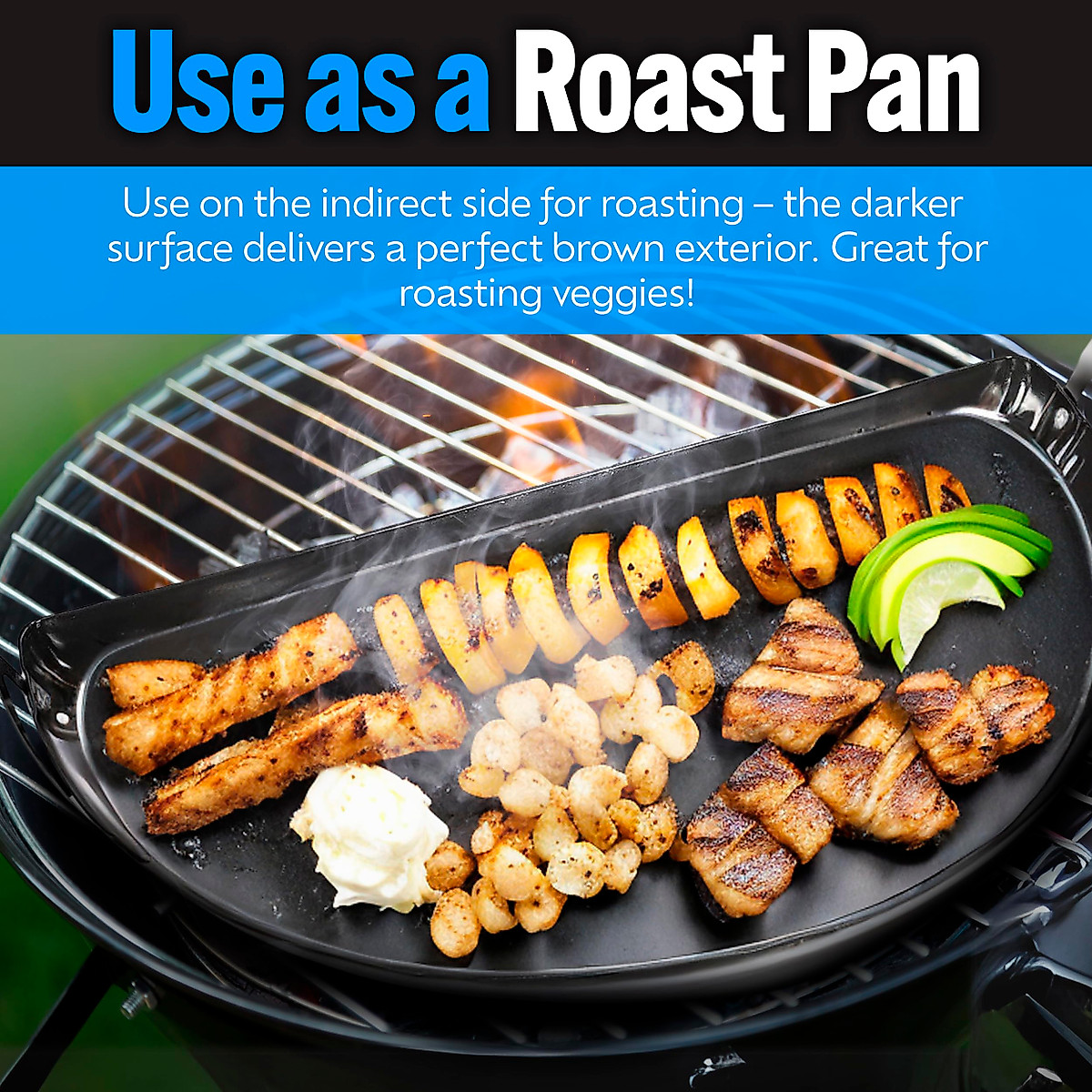 SnS Grills Slow ‘N Sear Porcelain Drip 'n Roast Pan for Kettle Grilling, All-in-One Carbon Steel with Black Porcelain Coating Drip and Roast Accessory - 22” Grill Fit
