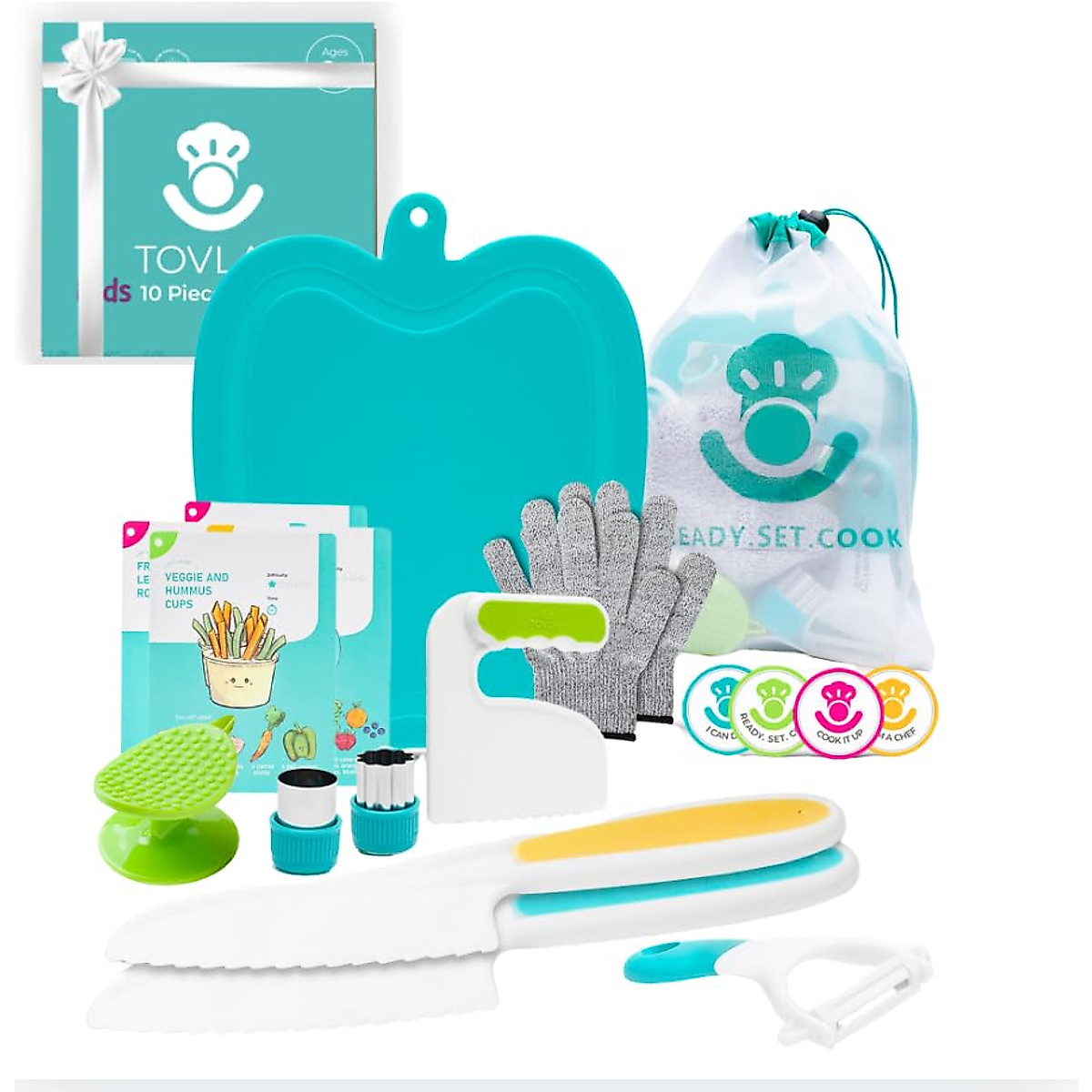 Tovla Jr Kids Montessori Cooking Tools Set - Kid Safe Kitchen Knives Gift Set - Childrens' Knife, Toddler Chopper, Vegetable Peeler ,Gloves,Cutting Board, Recipes and More