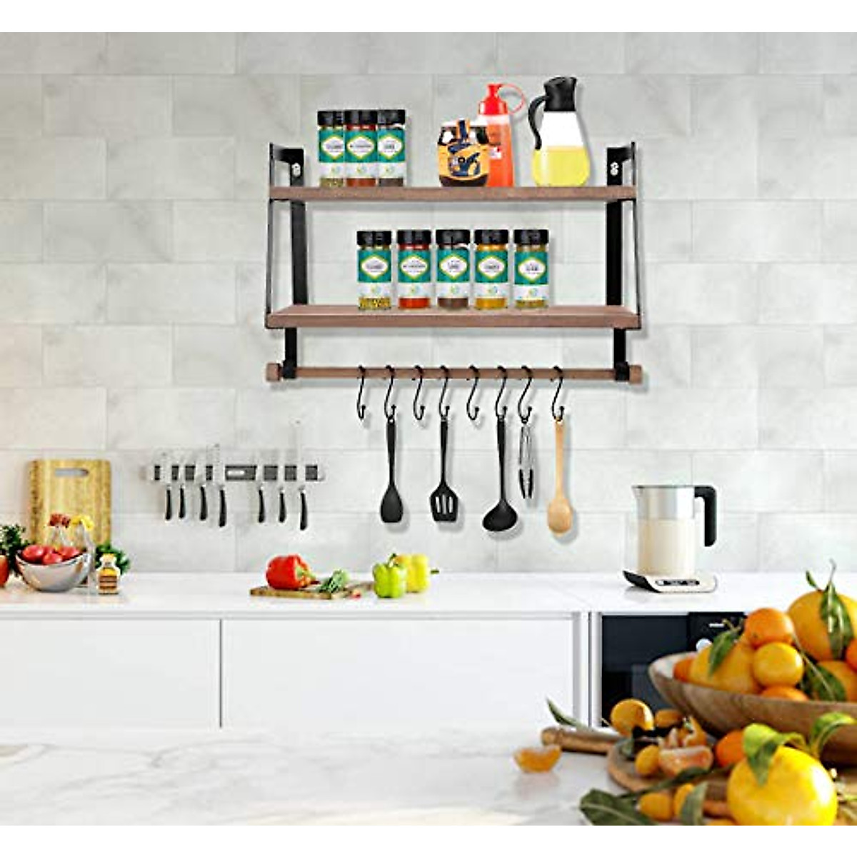 Halcent Wall Shelves Wood Storage Shelves with Towel Bar, Floating Shelves Rustic 2 Tier Bathroom Shelf Kitchen Spice Rack with Hooks for Bathroom Kitchen Utensils