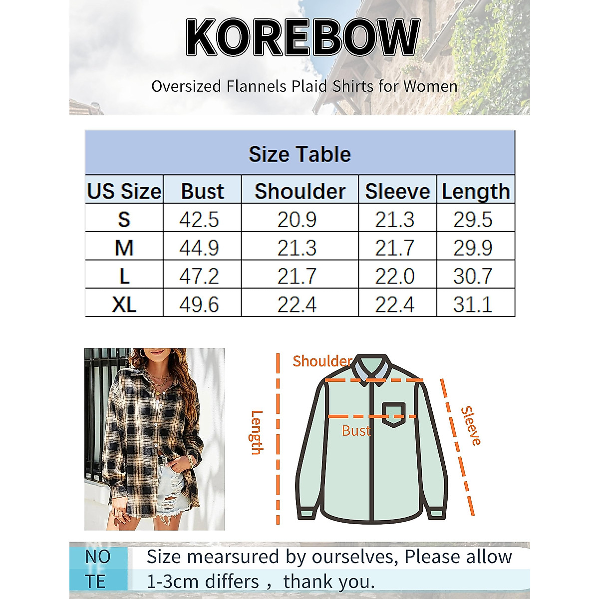 Korebow Oversized Flannels Plaid Shirts for Women Buffalo Plaid Long Sleeve Button Down Shirts Blouse Tops(0028-Khaki-S)