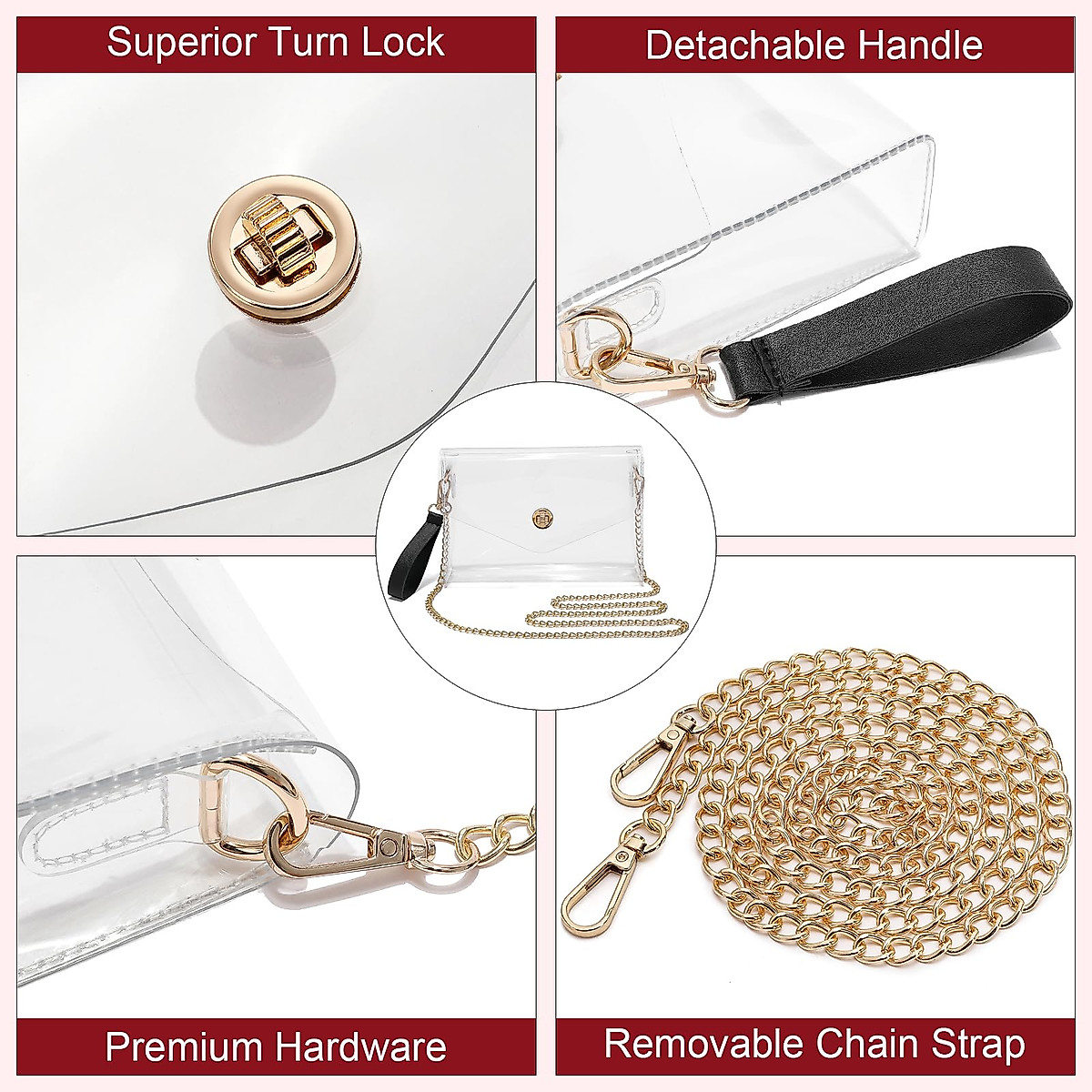 YikuStyle Clear Purse Stadium Approved,Small Clear Crossbody Bag for Women,See Through Handbag Clutch Shoulder Bag(Gold Chain)