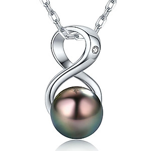 CHAULRI Infinity Top Grade AAA Tahitian Black Pearl Pendant Necklace 18K Gold Over Sterling - Birthday Anniversary Jewelry Gifts for Women Wife Mom Daughter (18K White Gold, Black Pearl)