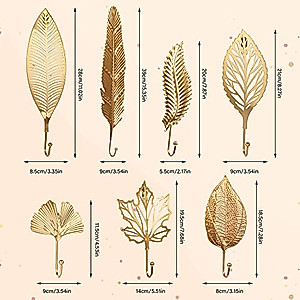 ORYOUGO Set of 7 Decorative Leaves Iron Hooks Extra Large Plant Modern Key Holder Wall Mounted Gold Single Prong Coat Hanger for Hallways, Living Room