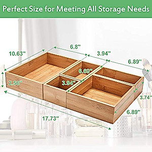 FILWH 5 Piece Bamboo Drawer Organizer Set, Luxury Wooden Desk Storage Box Kit, Multi-use Junk Drawer Organizer for Office, Kitchen, Bedroom, Children Room, Craft, Sewing