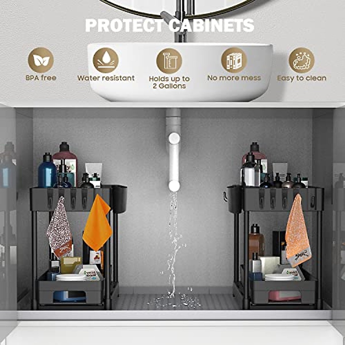 KOCWELL 2 Tier Under Sink Organizer and Under Sink Mat 34" x 22" Set, Sliding Under Bathroom Cabinet Storage Drawer Organizer with Hooks, Hanging Cup, Multi-purpose Under Sink Shelf Organizer