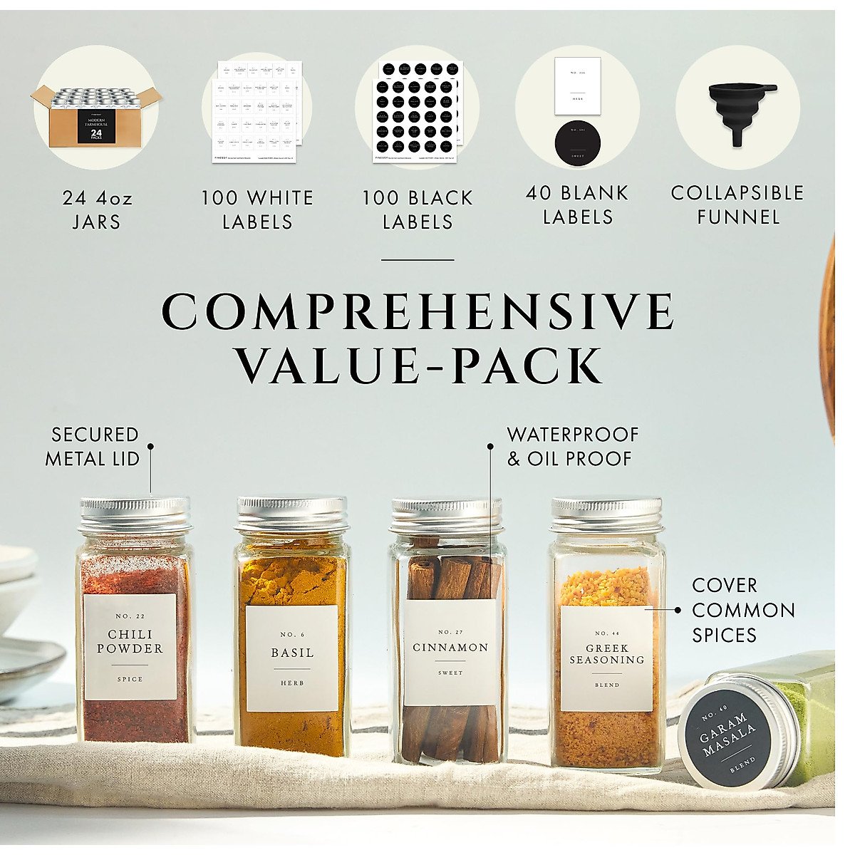 FINESSY Empty Glass Spice Jars with Label 24 Pack, 4 oz Glass Spice Jars with Shaker Lids, Spice Bottles Empty Glass with Labels, Glass Spice Containers with Labels and Lids, Seasoning Containers