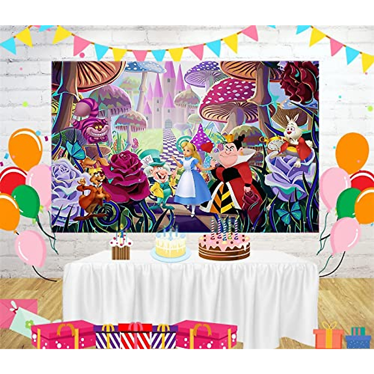 The Fantasy World of Alice Backdrop, 5 x 3 ft Alice in Wonderland Theme Banner Supplies, Tea Party Baby Shower Background for Birthday Party Cake Table Decoration