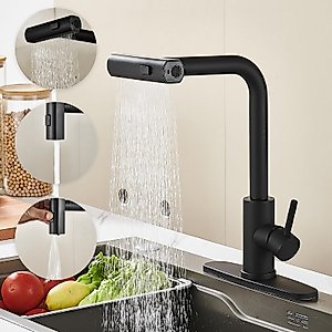 AVSIILE Kitchen Faucet with Pull Down Sprayer, Black Waterfall Touch Single Hole Stainless Steel Kitchen Sink Faucets, Commercial Modern Single Handle Faucets for Kitchen Sinks with Pull-Down Sprayer