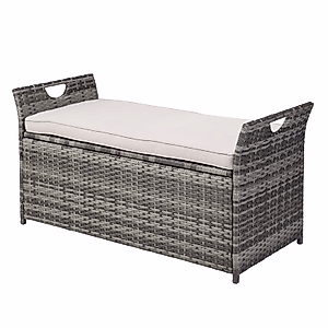 VINGLI 40 Gallon Wicker Storage Bench, Patio Cushion Storage Box with Side Handles, Rattan Deck Box for Garden Tools, Cushions, Outdoor Patio Deck Box for Garden, Poolside, Grey