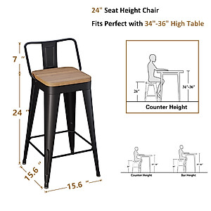 WENTMENT Metal Bar Stools Set of 4 Counter Height Bar Stools Barstools with Removable Back 24" Kitchen Bar Stools with Wooden Seat, Black