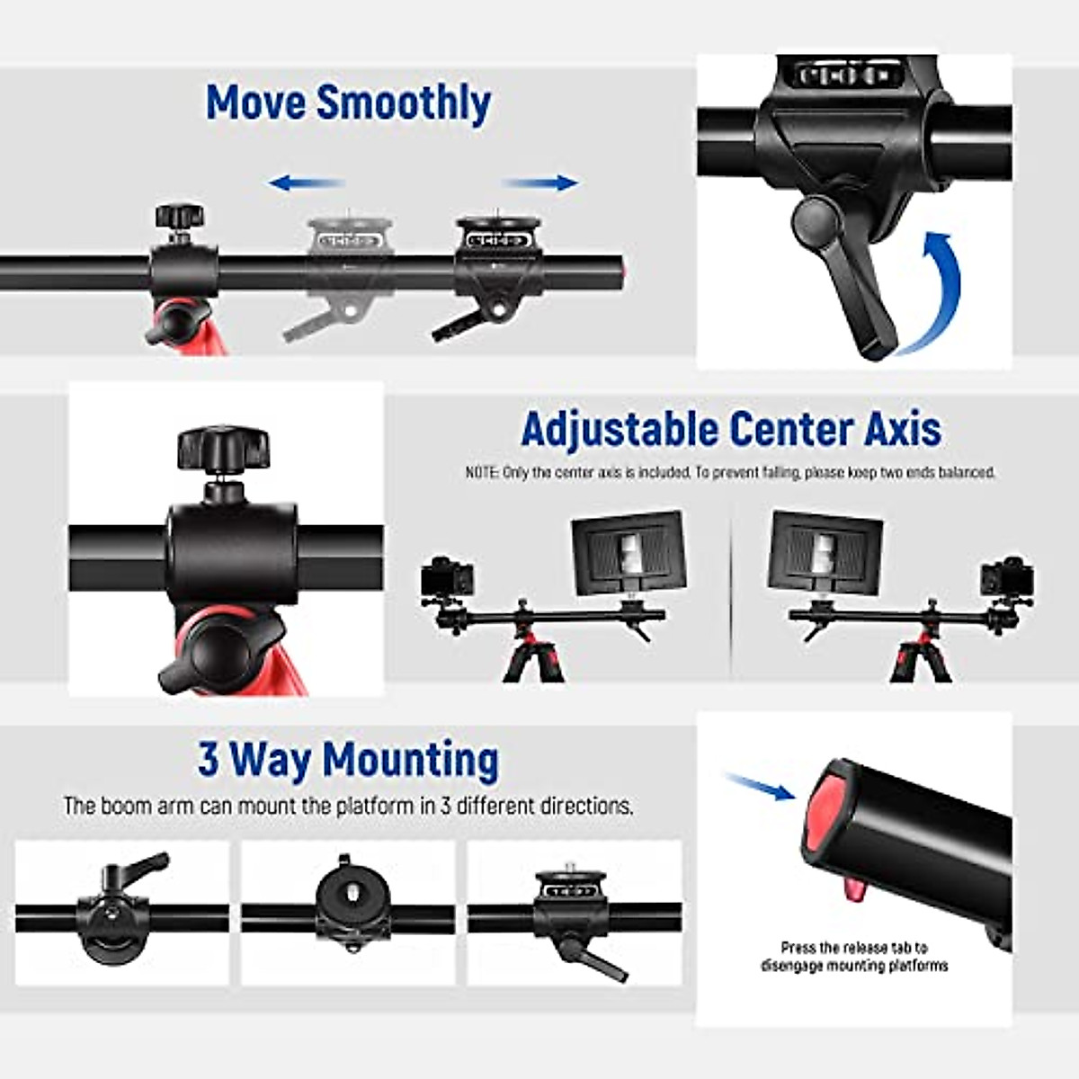 NEEWER 73.6" Horizontal Tripod with Multi Angle Center Column, Ball Head & Central Axis Platform, Heavy Duty Aluminum Camera Tripod Monopod 360° Pan 180° Tilt for Overhead/Macro Shots, Max Load 22lb