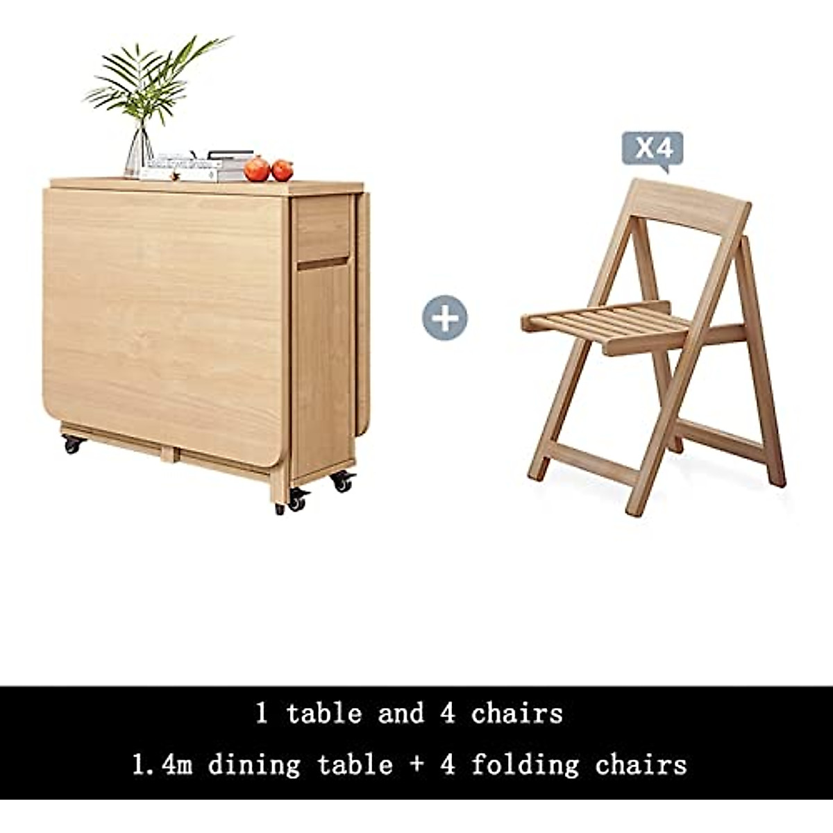 Juan Folding Dining Table Set, Wooden Extendable Dining Table with 4 Chairs, Drop Leaf Table for Kitchen Dining Room Living Room Restaurant-1.4m