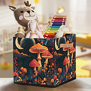 Mardesigns Mushroom Cube Storage Bins 13 x 13 x 13 Inch Botanical Floral Moon Fabric Foldable Storage Cubes Basket Boxes with PU Handles for Shelves Closet Bedroom Organizer Clothes