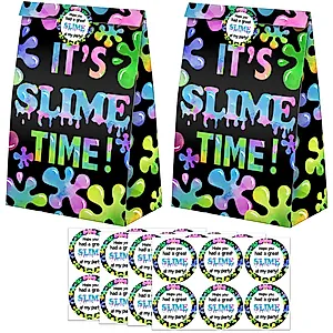 Slime Goodie Bags-24 Pcs Slime Party Favors Candy Bags with Stickers, Slime Goody Gift Treat Bags Slime Themed Birthday Party Supplies