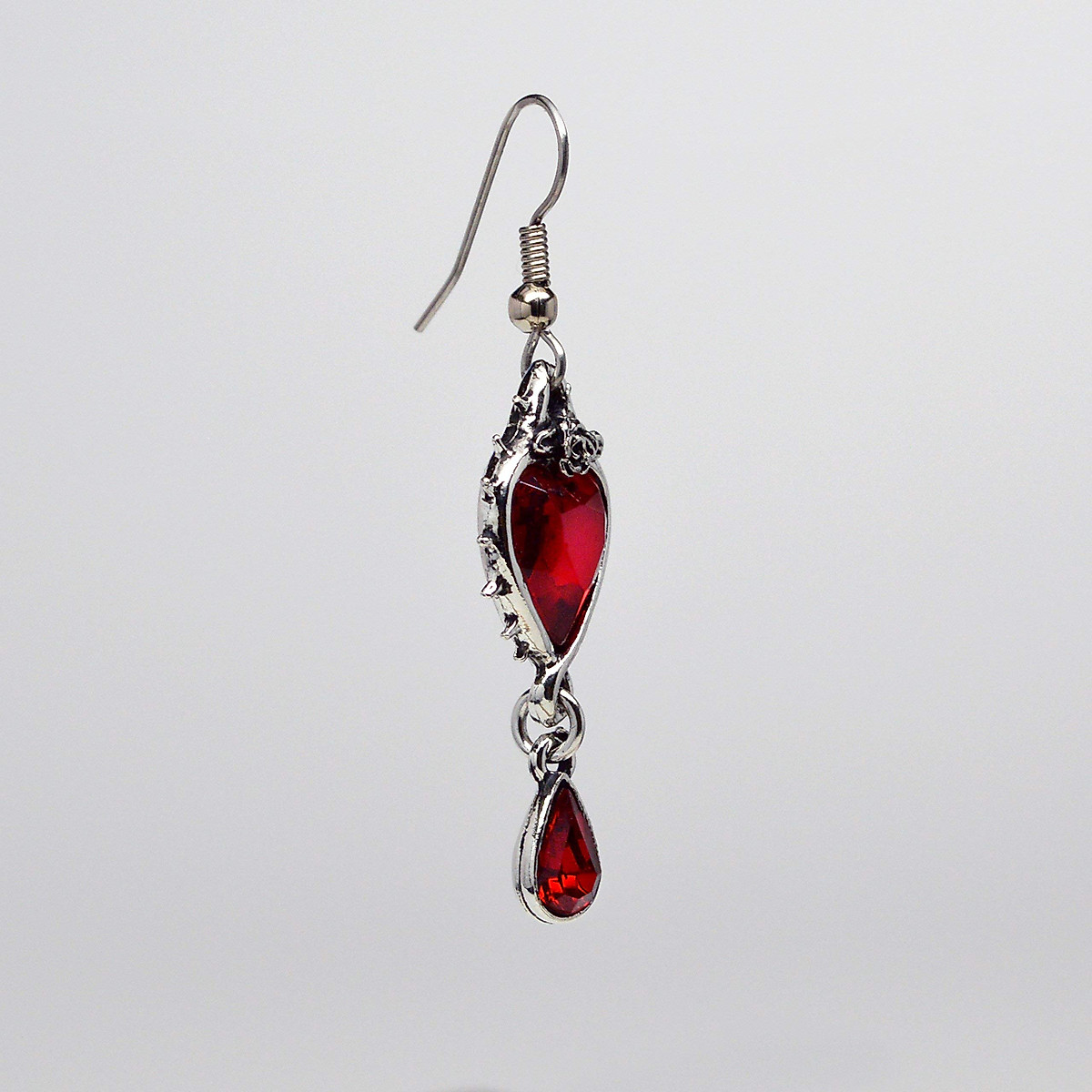 Valentines' Day Red Heart Romance Dangle Earrings Austrian Crystals Thorns and Roses Silver Finish