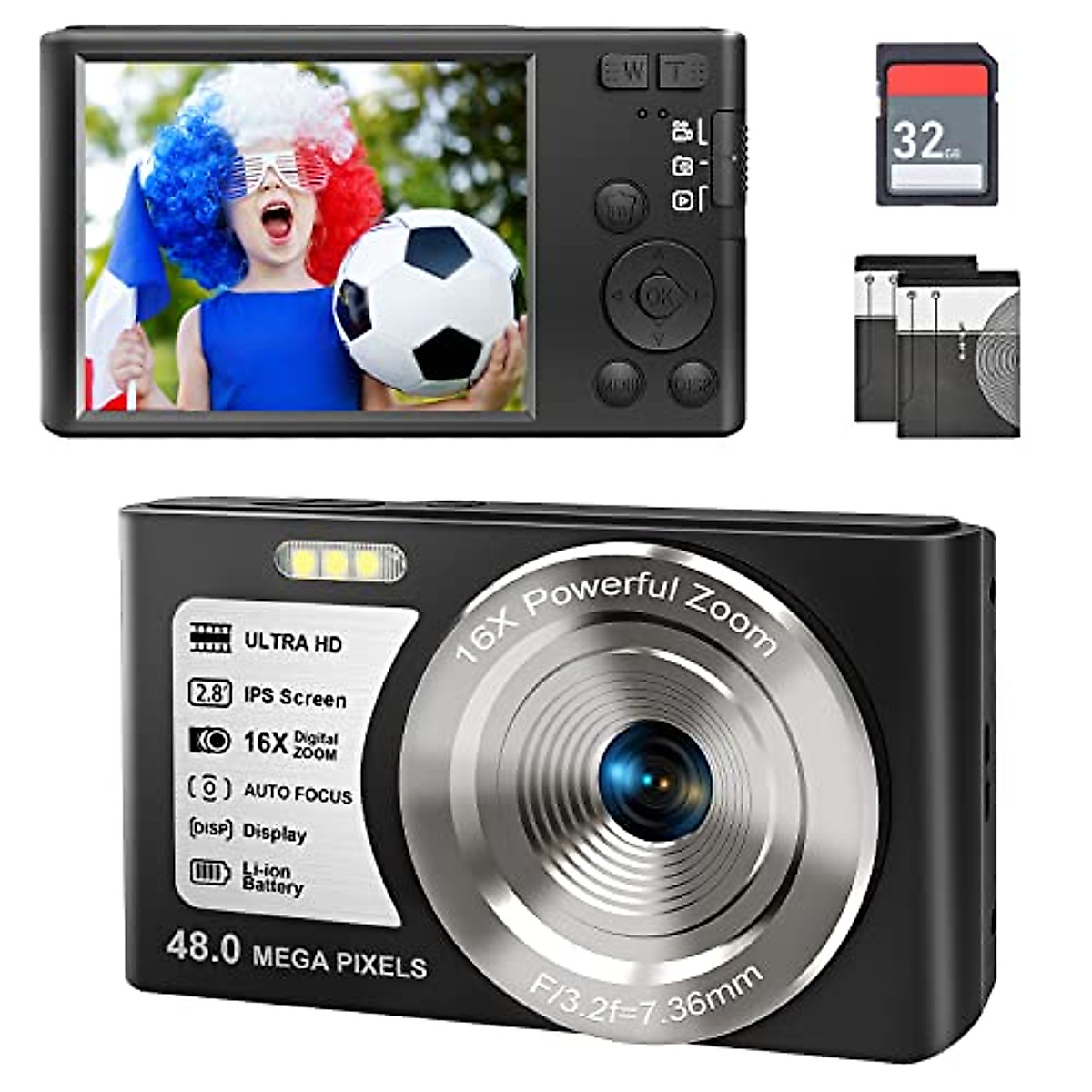Kids Digital Camera, FHD 1080P Compact Camera 48MP Autofocus 16X Digital Zoom Portable Camera for Boys, Girls,Children,Teenagers,Beginners (with 32GB SD Card and 2 Battery)