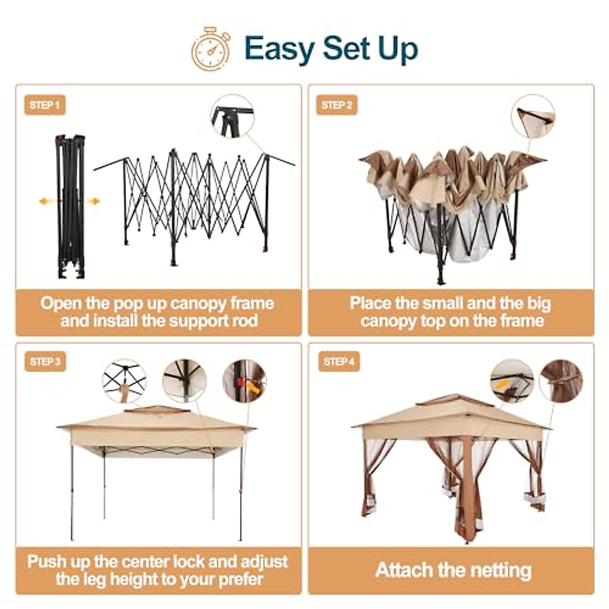 COBIZI 11x11 Pop Up Gazebo Canopy Tent Easy Up Outdoor Gazebo Waterproof Upgrade Portable Gazebo with Mosquito Nettings, Double Vented Roof and Carry Bag for Patio Garden Lawn(Khaki)