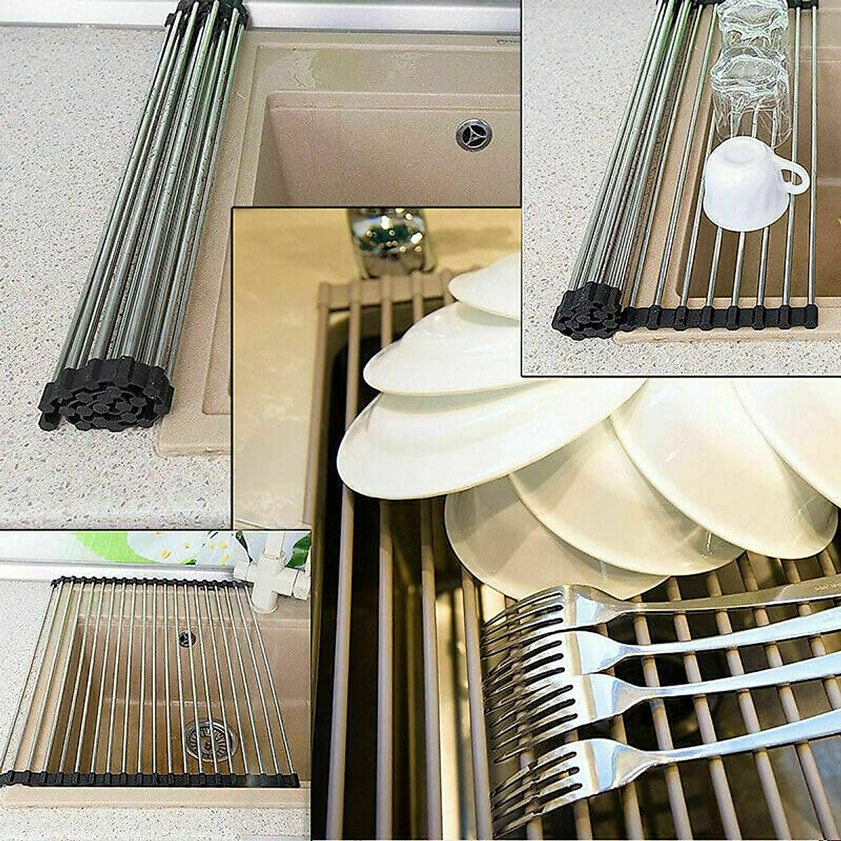 18x15 Roll up Sink Drying Rack Over The Sink Multipurpose roll-up Dish Drying Rack Kitchen Stainless Steel Sink Drain Rack Roll Up Dish Rack Food Drying Mat roll-up Dish Drying Rack