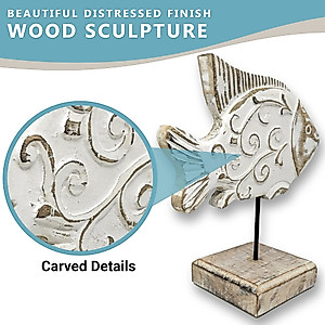 Wooden Fish Sculpture Home Decor | Handmade Beau Butter Fish Statue on Base Stand | Nautical Beach House Decor Rustic Centerpiece Table Decor for Office, Living Room (Beau Butter Fish)