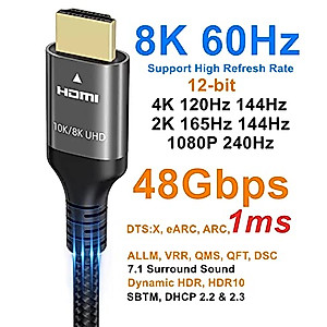 10k 8k 4k HDMI 2.1 Cable 1.5 FT, Certified 48Gbps 1ms Ultra High Speed HDMI Cable 4k 120Hz 144Hz 10k 8k 60Hz 12bit DTS:X Dolby Atmos HDR10+ ARC eARC Compatible for Gaming PC Soundbar RTX3080 PS5 Xbox
