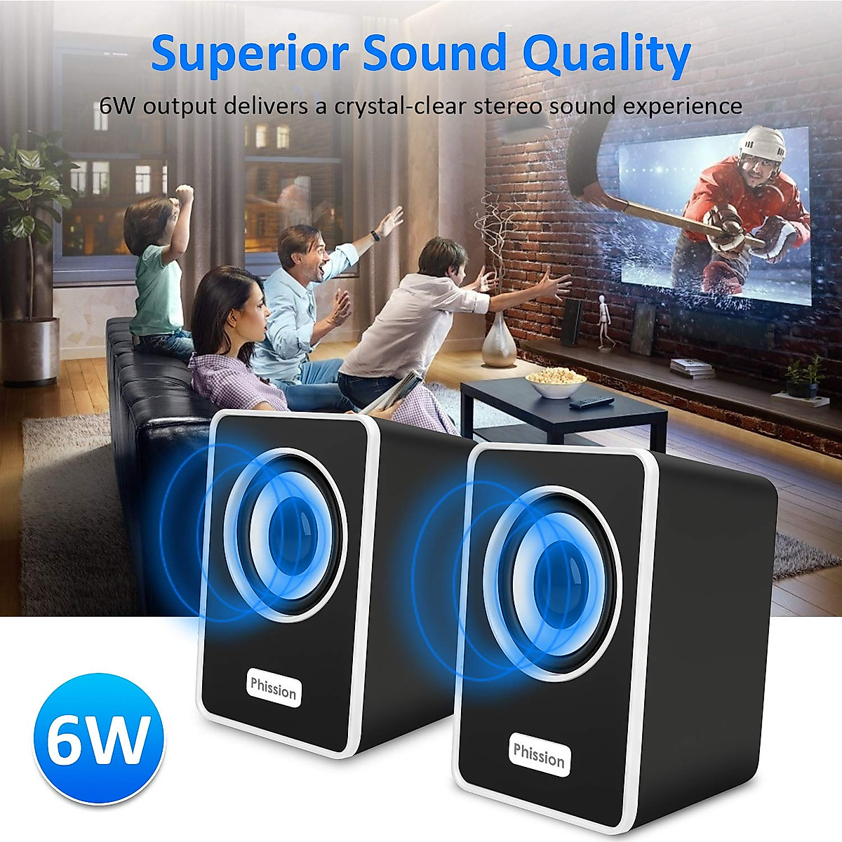 Computer Speakers, Phission Mini Speaker with Stereo Sound 6W USB Powered 3.5 mm AUX-in Portable Speaker for Computer, Laptop, Notebook, Desktop (Black)