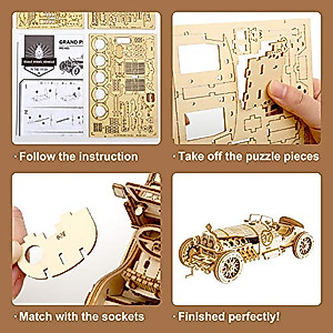 ROBOTIME Model Car Kits - Wooden 3D Puzzles - Model Cars to Build for Adults 1:16 Scale Model Grand Prix Car