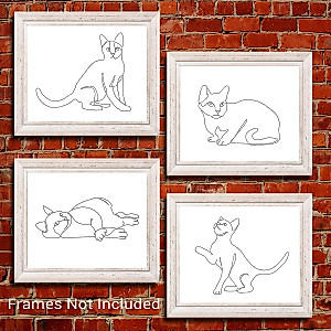 Cats Wall Art - Set of 4-8”x10” Unframed Minimalist Black & White Decor Prints - Makes a Great Gift Under $20 for Cat Lovers