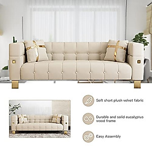 Hommoo Mid Century Modern Sofa for Living Room Velvet Sofa Small Couch for Small Space Chesterfield Sofa Couch with Gold Legs for Apartment Bedroom Office with Pillows 89" Beige…