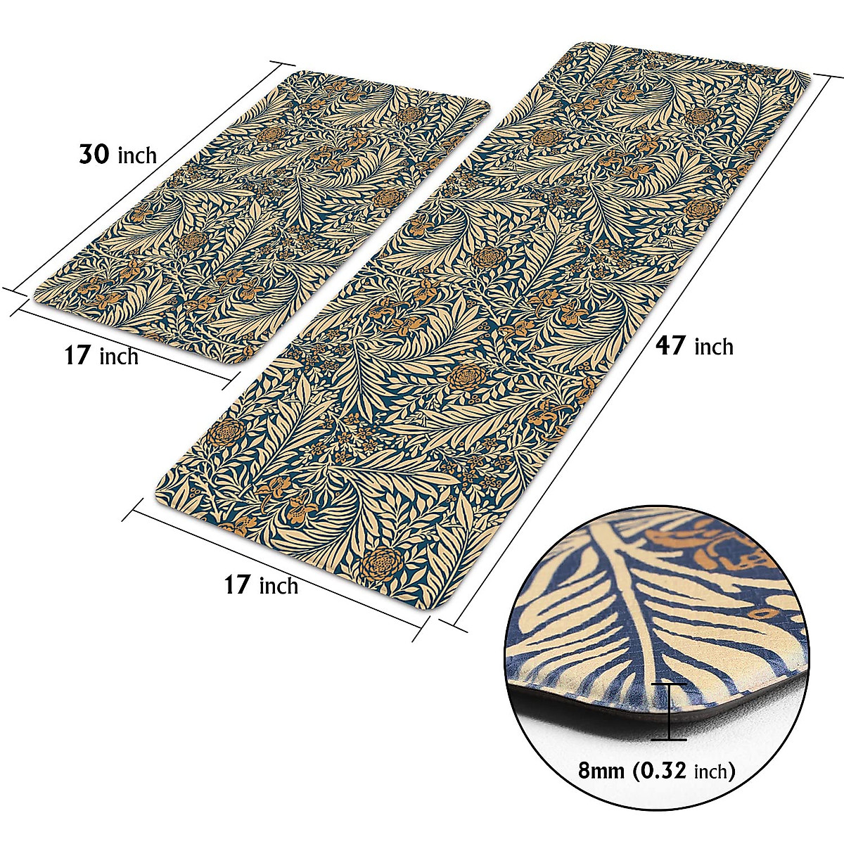 Anti Fatigue Kitchen Mat Set of 2 Pieces,Farmhouse Blue Kitchen Rugs and Mats,Waterproof Non Slip Memory Foam Cushioned Comfort Kitchen Floor Mat,Padded Kitchen Mats for Standing(17’’x30’’+17’’x47’’)
