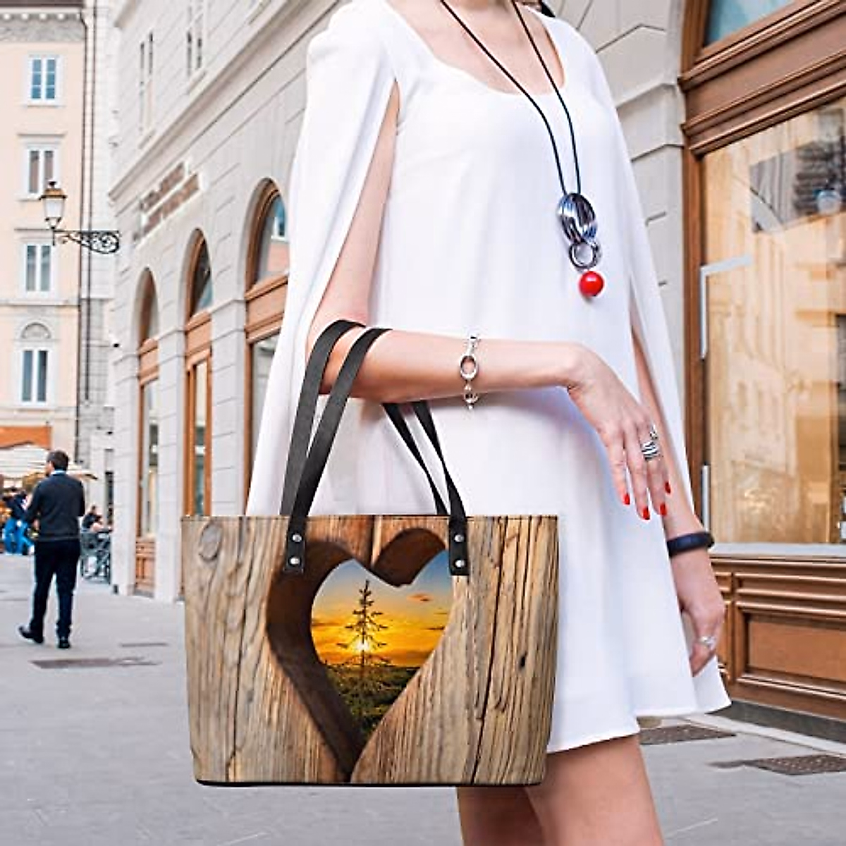 Womens Handbag Wood Heart Sunset Leather Tote Bag Top Handle Satchel Bags For Lady