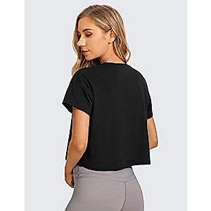 CRZ YOGA Women's Pima Cotton Workout Short Sleeve Shirts Loose Crop Tops Athletic Gym Shirt Casual Cropped T-Shirt Black Small