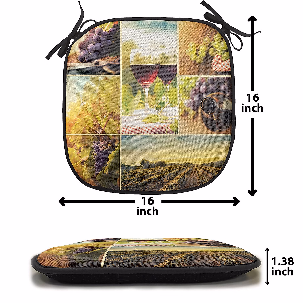 Lunarable Rustic Chair Cushion Pads Set of 4, Rustic Style Collage of Wine Glass Grapes and Vineyard Qualified Harvest Village, Anti-Slip Seat Padding for Kitchen & Patio, 16"x16", Green Red
